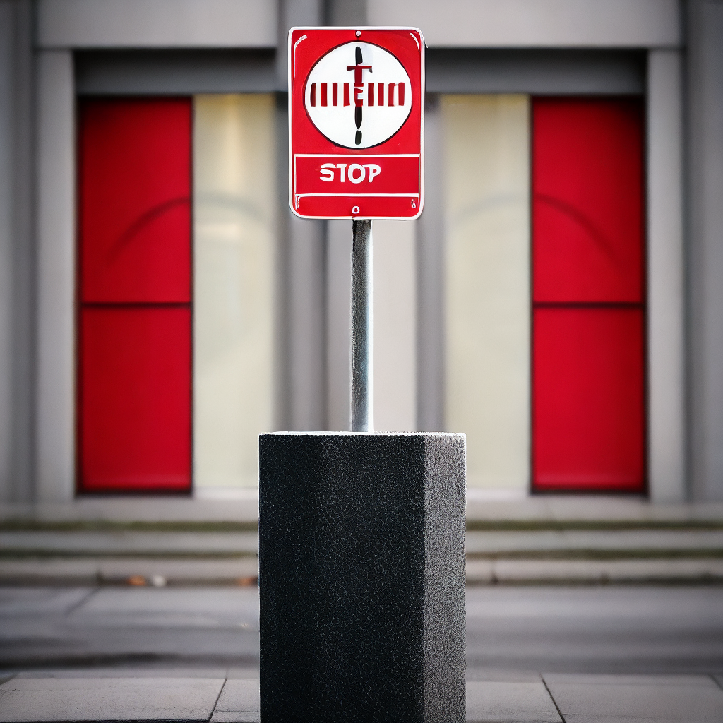 KREA AI - Stop sign in front of a Vitruvian man sculpture. O...