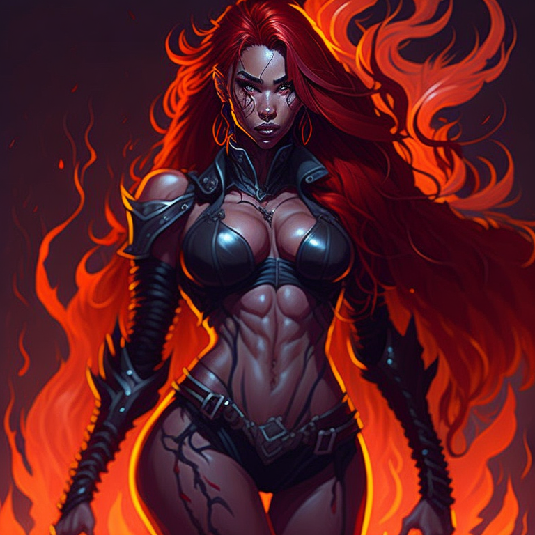 Krea Ai Female Red Skin Long Firey Hair Curvaceous Ski