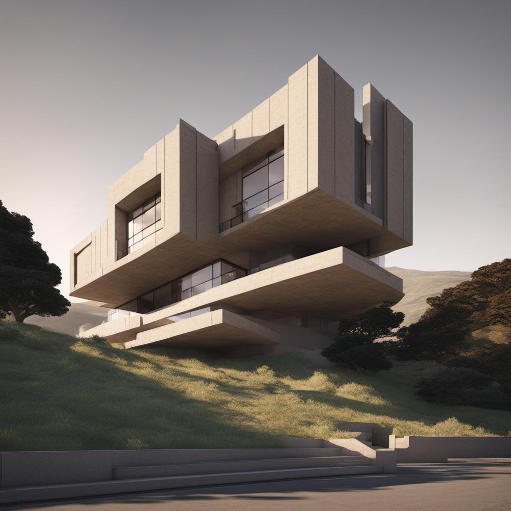 KREA AI - Create a 3D render of a Brutalist-style mansion ne...