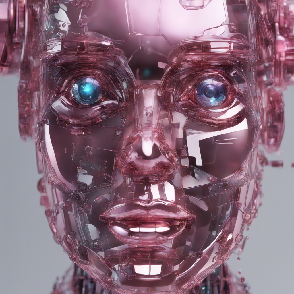 KREA AI - deconstructed glass robot face, pinkshift render,