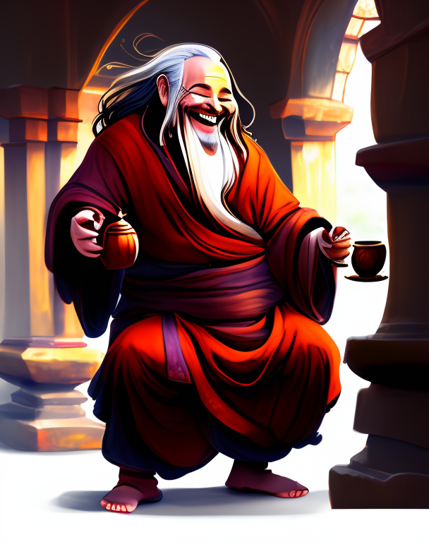 KREA AI - jolly rotund old monk man with long full messy hai...