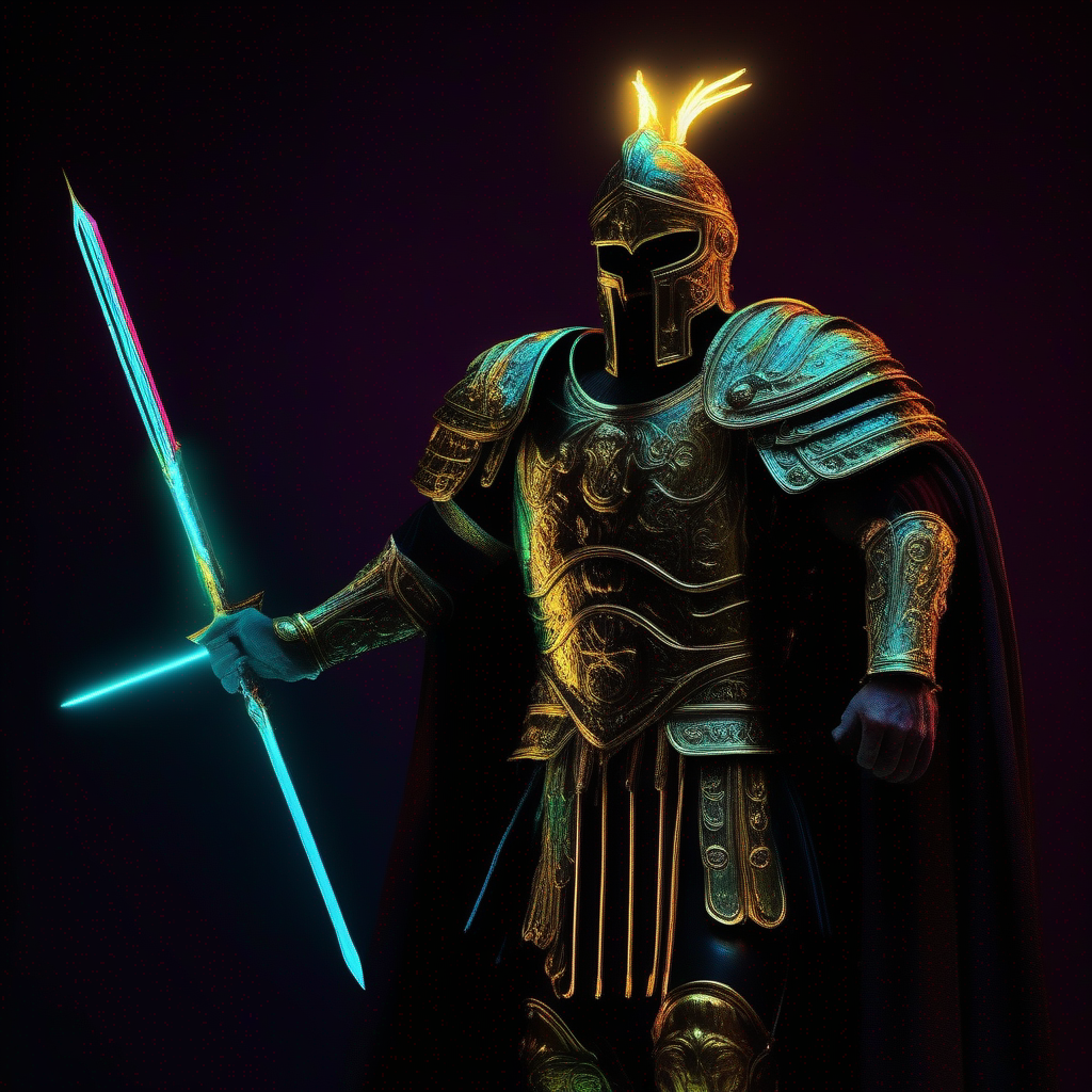 KREA AI - (((a futuristic neon-lit roman emperor ready for w...