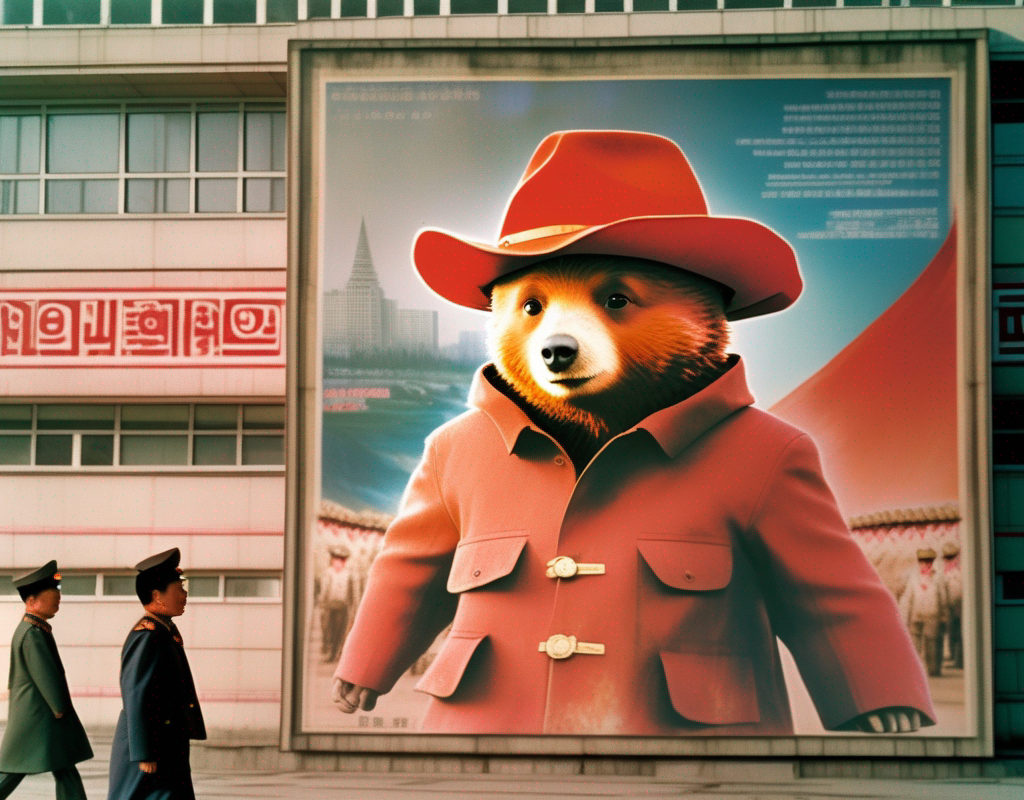 KREA AI - a giant faded poster of Paddington Bear wearing hi...