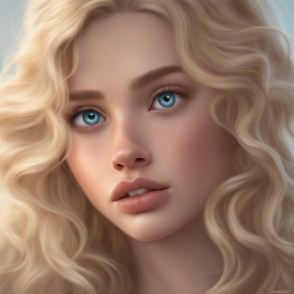Krea Ai Blonde Girl Long Curly Hair Big Blue Eyes Plump