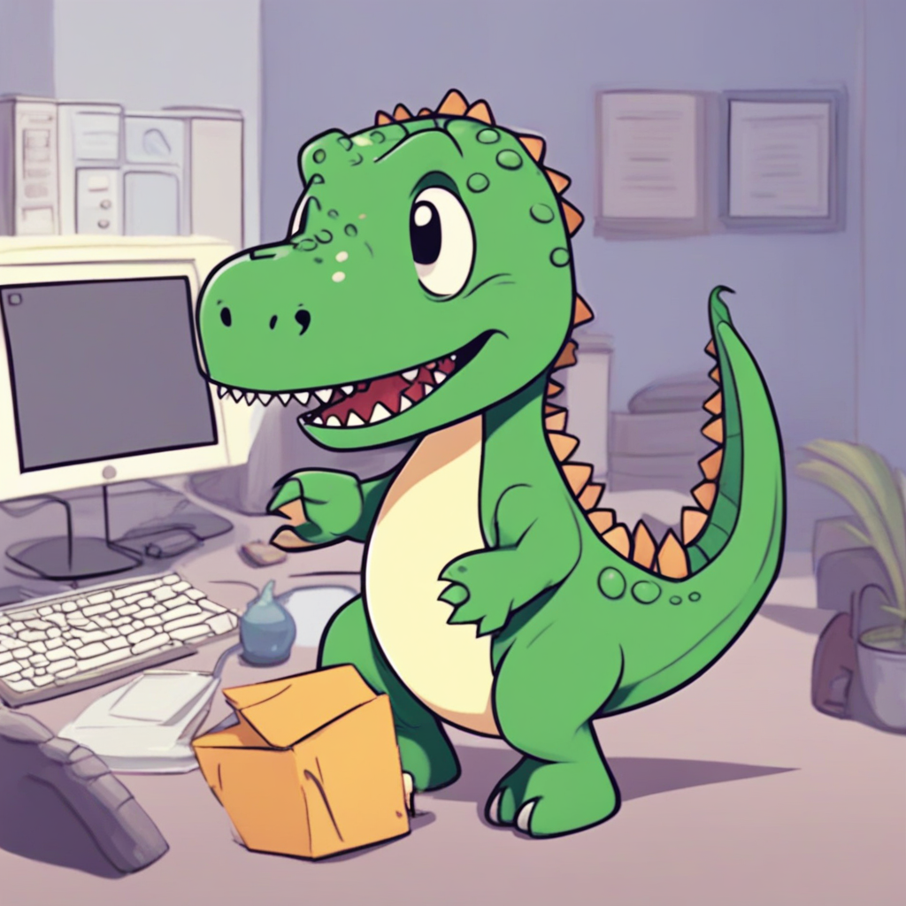 KREA AI - A dinosaur programming, small hands, cute animatio...